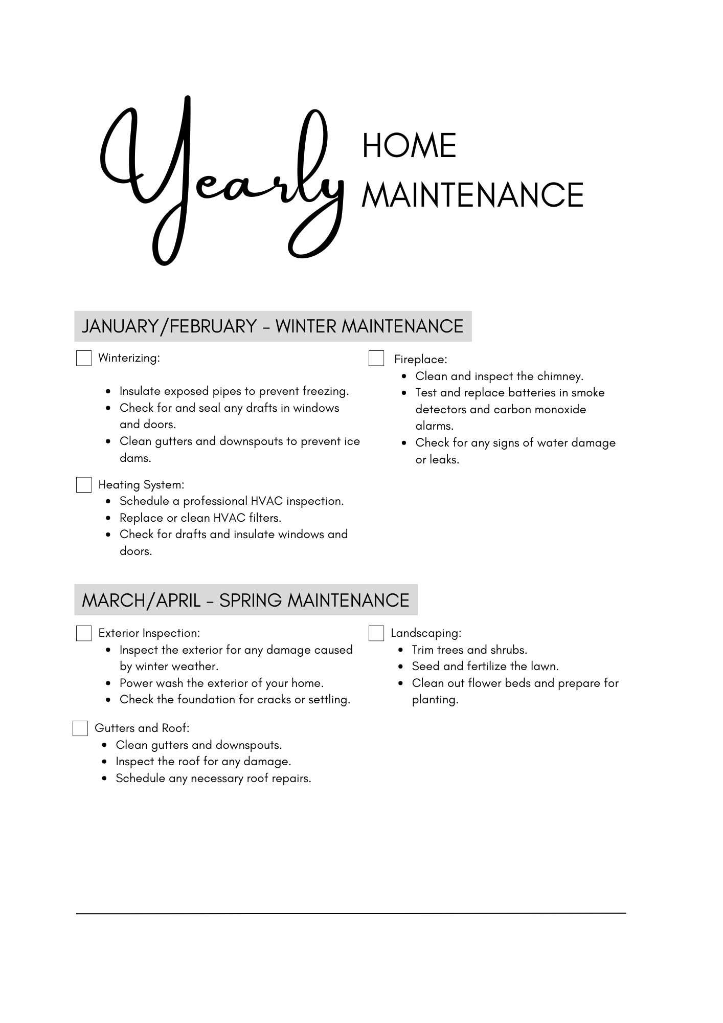 Yearly Home Maintenance Checklist Quarterly and Yearly Home Maintenance ...