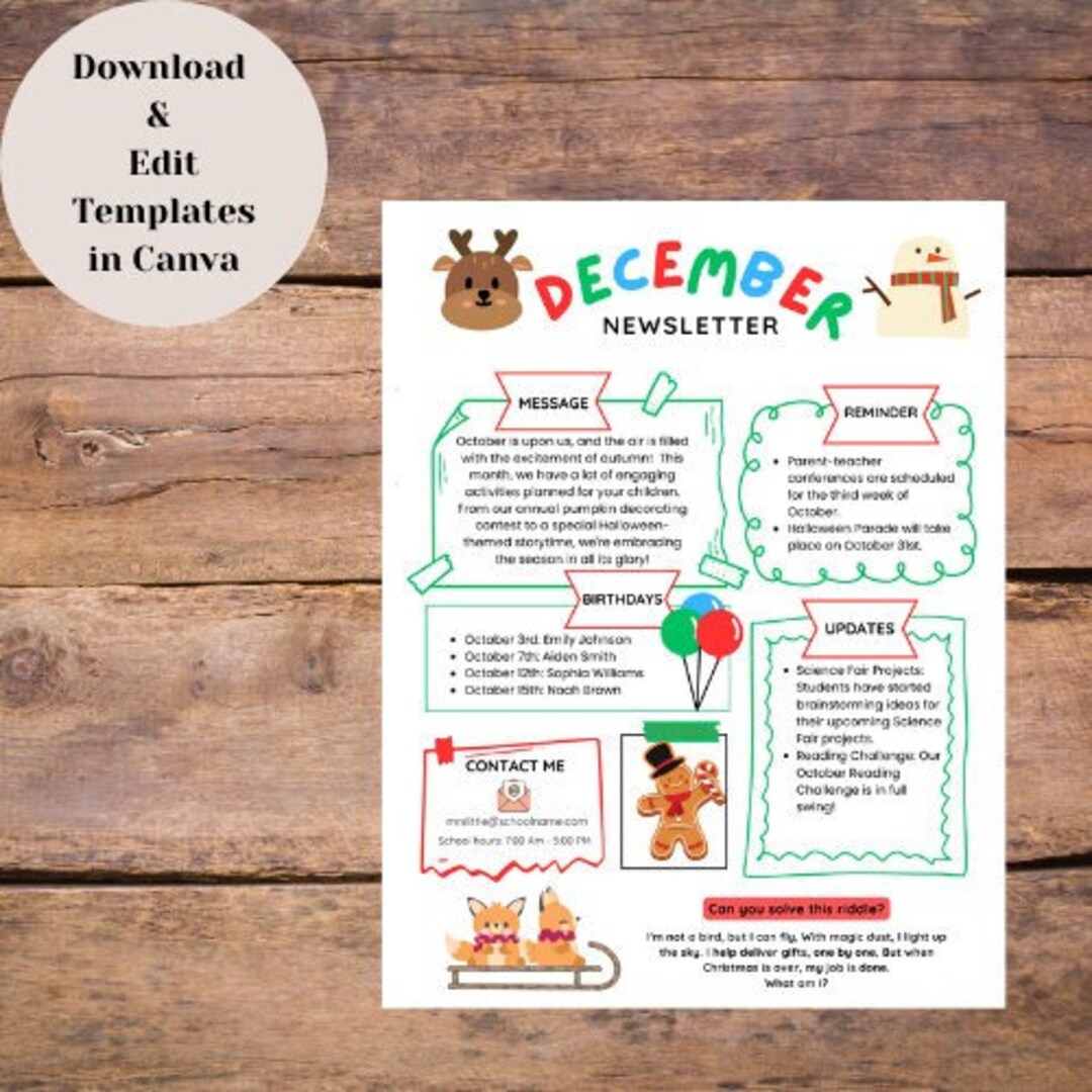 December Editable Classroom Newsletter. Teacher Newsletter Template ...