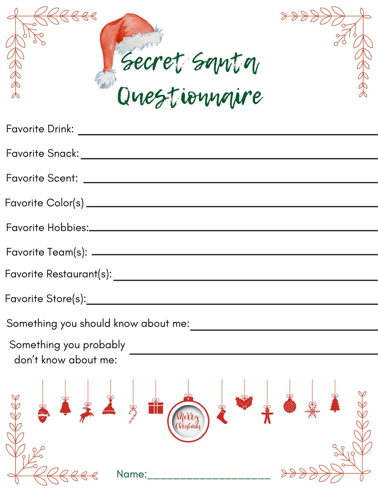Secret Santa Questionnaire Editable Secret Santa Question Instant ...