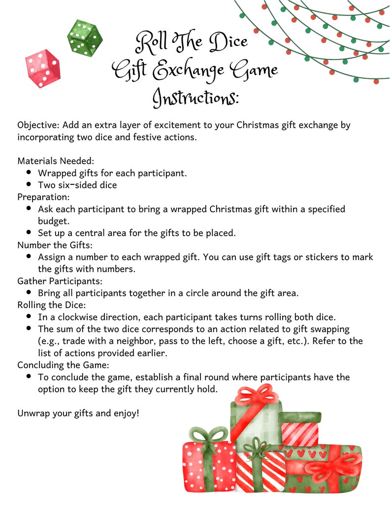 Roll the Dice Gift Exchange Game Christmas Gift Exchange White Elephant ...