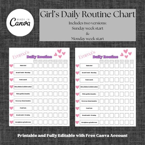 Girls Daily Routine Chart Tracker. Sunday and Monday Week Start ...