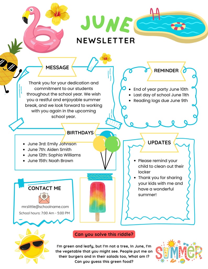 June Teacher Classroom Digital Newsletter. Update Families With Ease ...