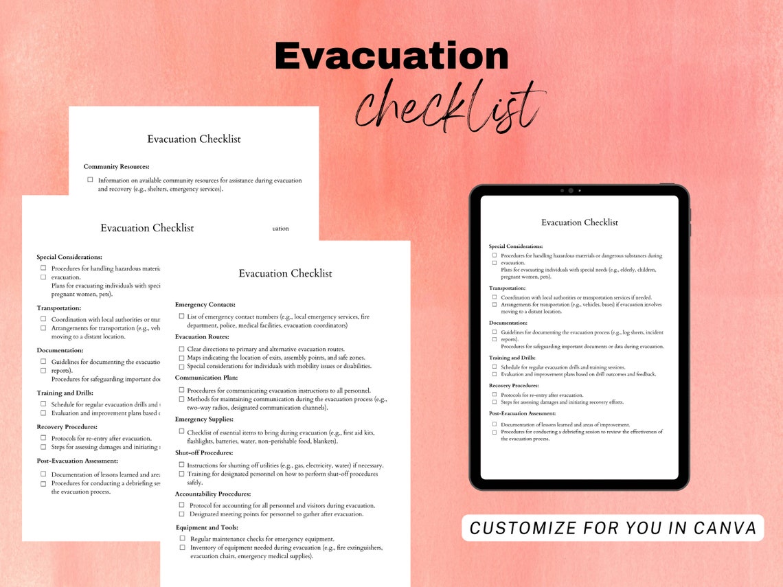 Emergency Evacuation Checklist Instant Printable or Editable in Canva ...