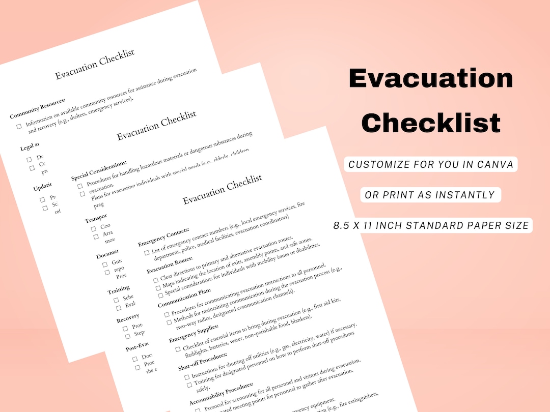 Emergency Evacuation Checklist Instant Printable or Editable in Canva Stay Prepared & Safe in ...