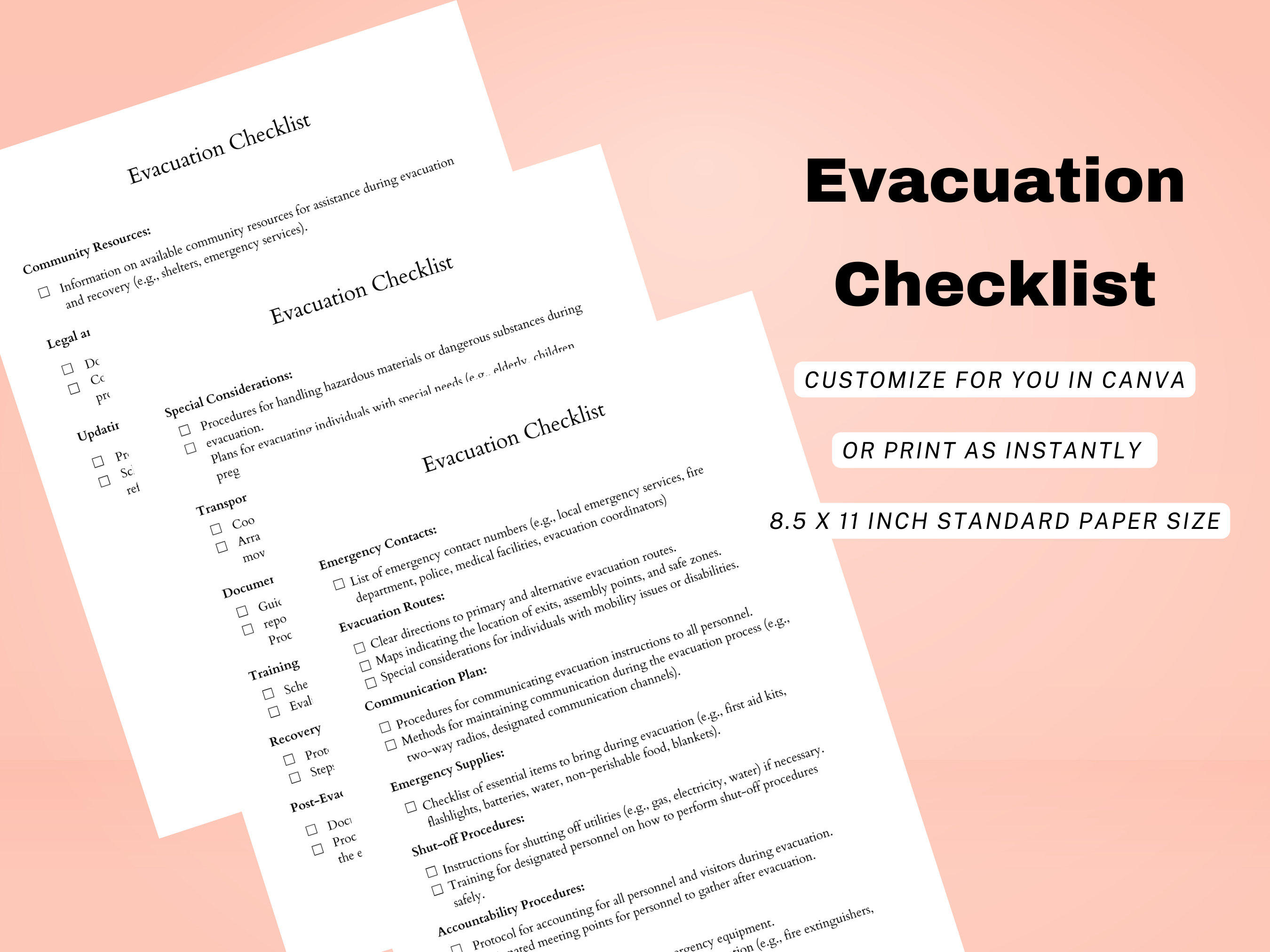 Emergency Evacuation Checklist Instant Printable or Editable in Canva ...