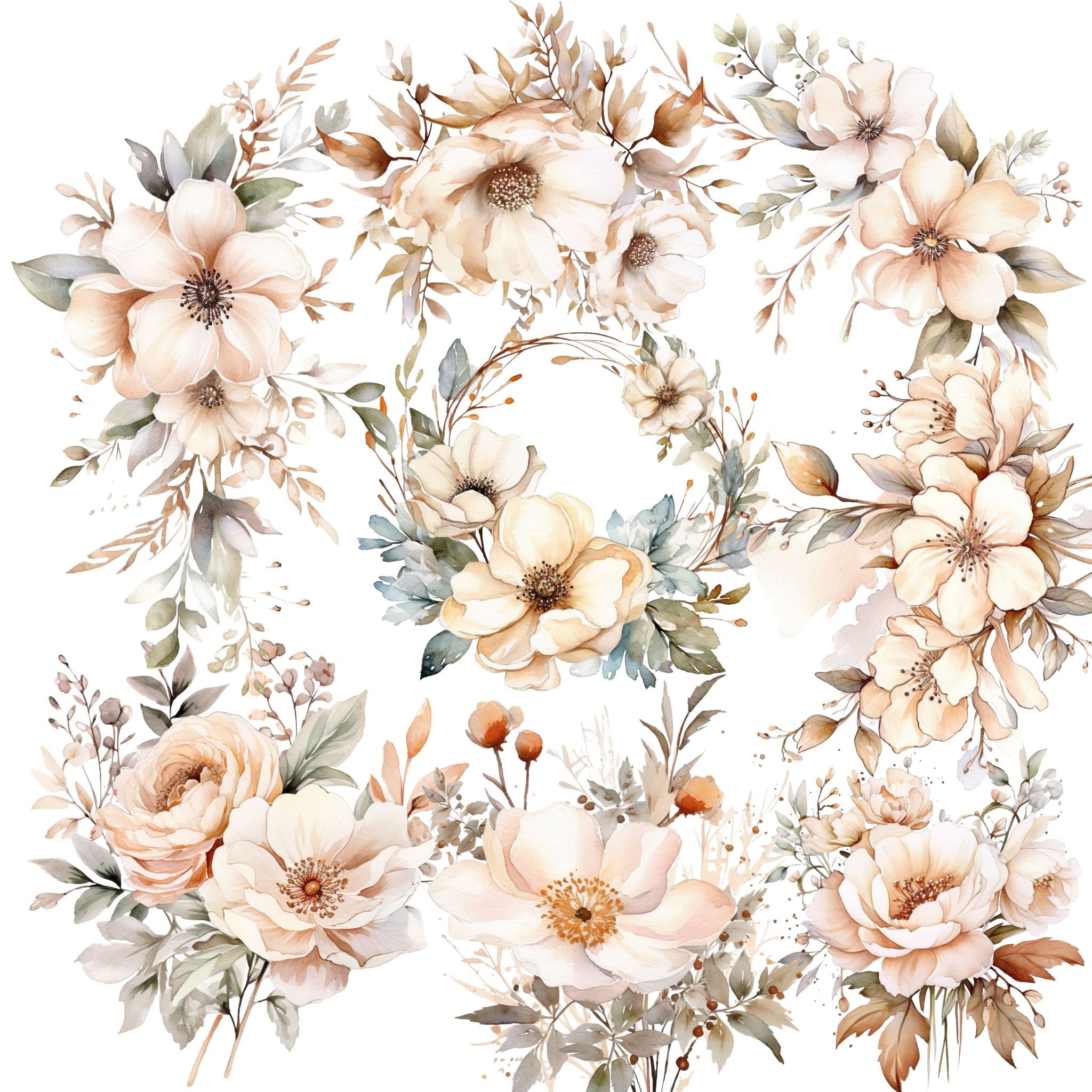 Neutral Floral Art Boho Watercolor PNG Flowering Boho Soft Neutral ...