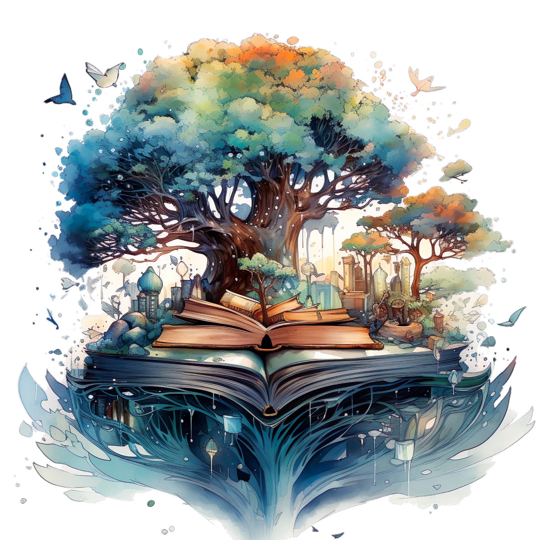 Booklover Fantasy World 13 Clipart Watercolor PNG Bookworm Life Books ...