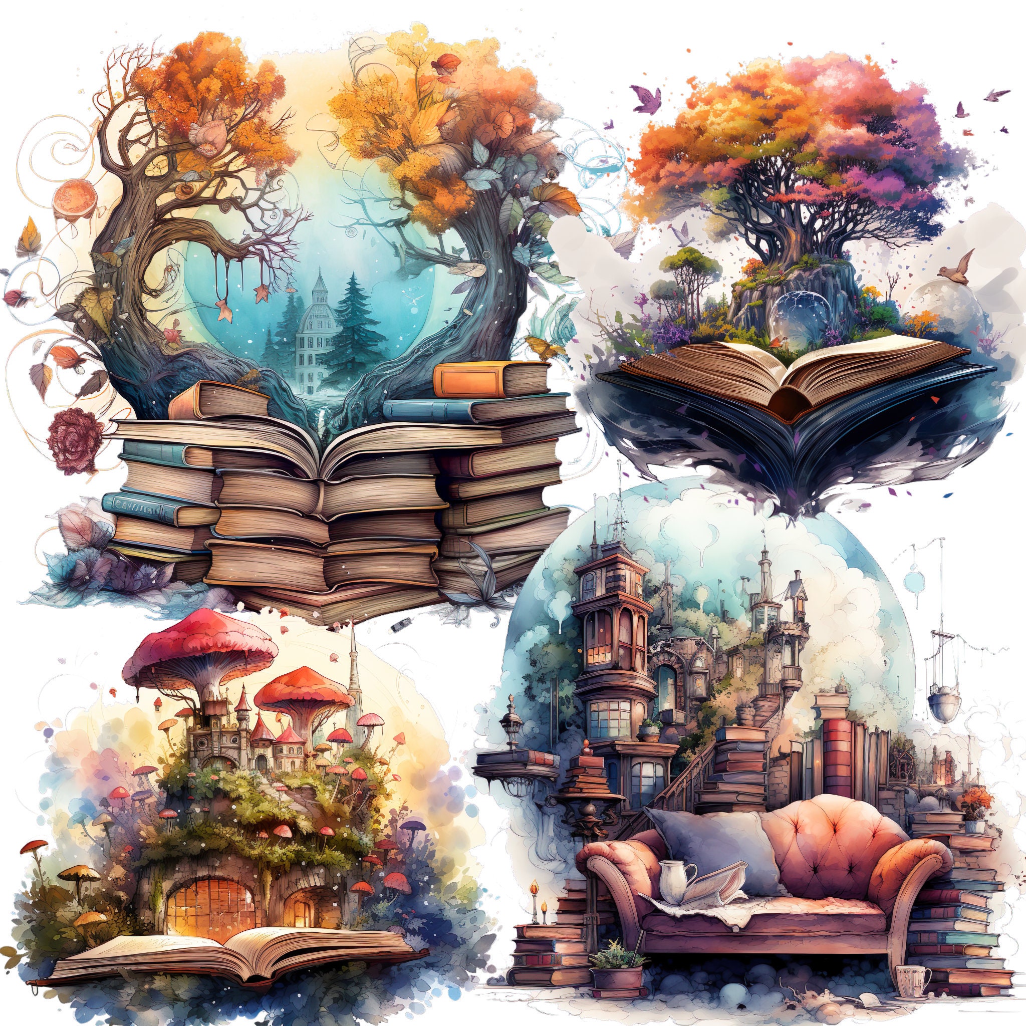 Booklover Fantasy World 13 Clipart Watercolor PNG Bookworm Life Books ...