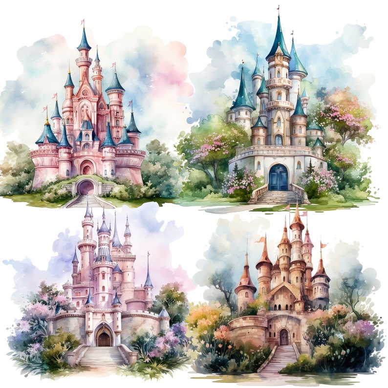 Castle PNG Bundle Fairy Pink Princess & Magic Watercolor Castle Clipart ...