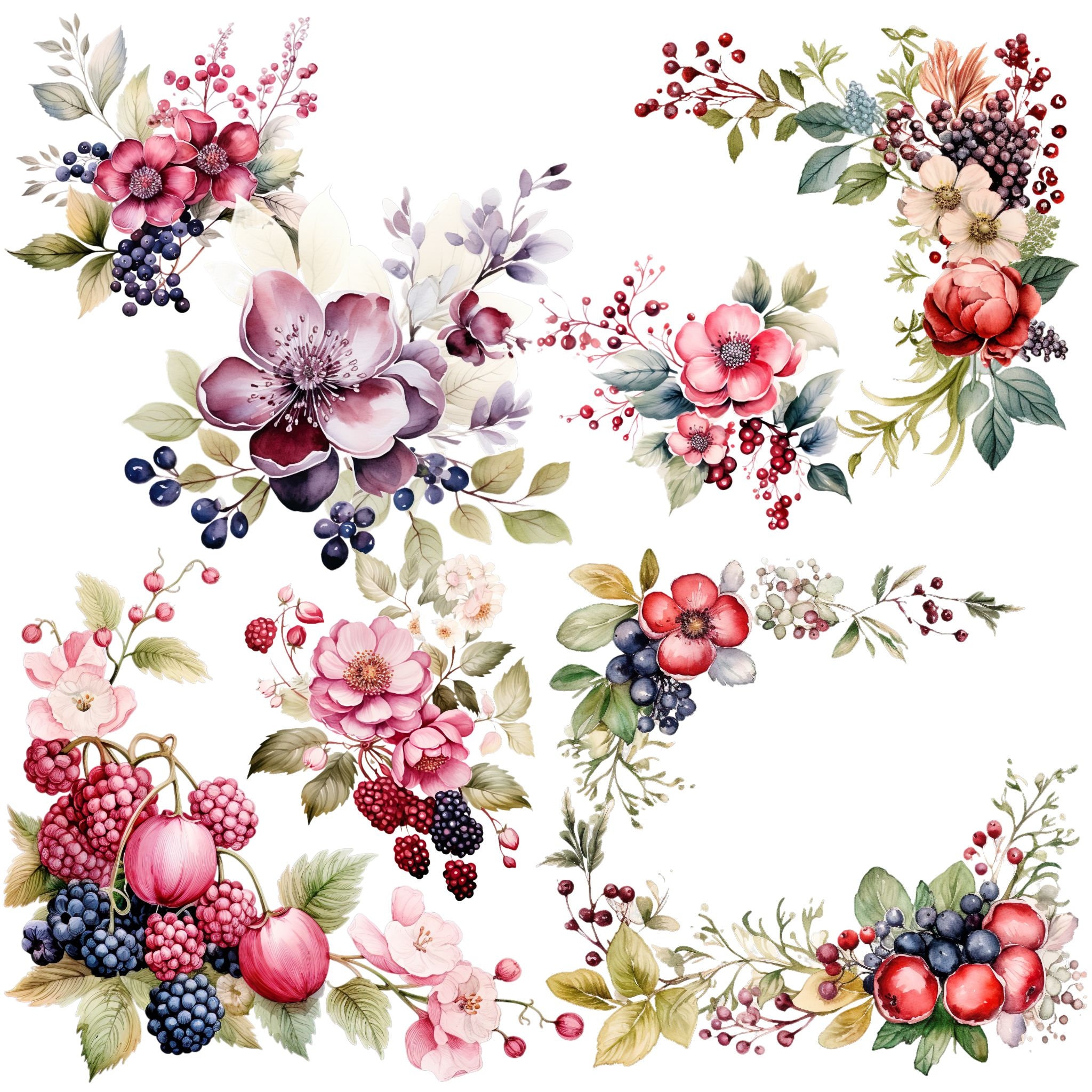 Floral Berry Watercolor Clipart Bundle Purple Floral Border Fruity PNG ...