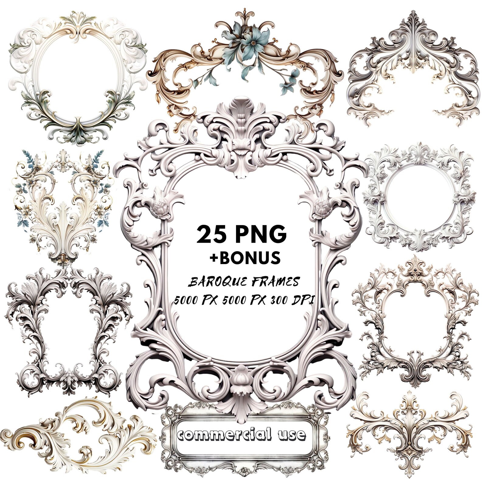 Decorative Frame Junk Journal Clipart Watercolour Ornate Baroque White ...