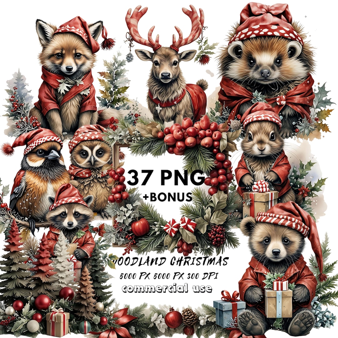 Christmas Woodland Animals Clipart: Festive PNG Graphics (commercial ...