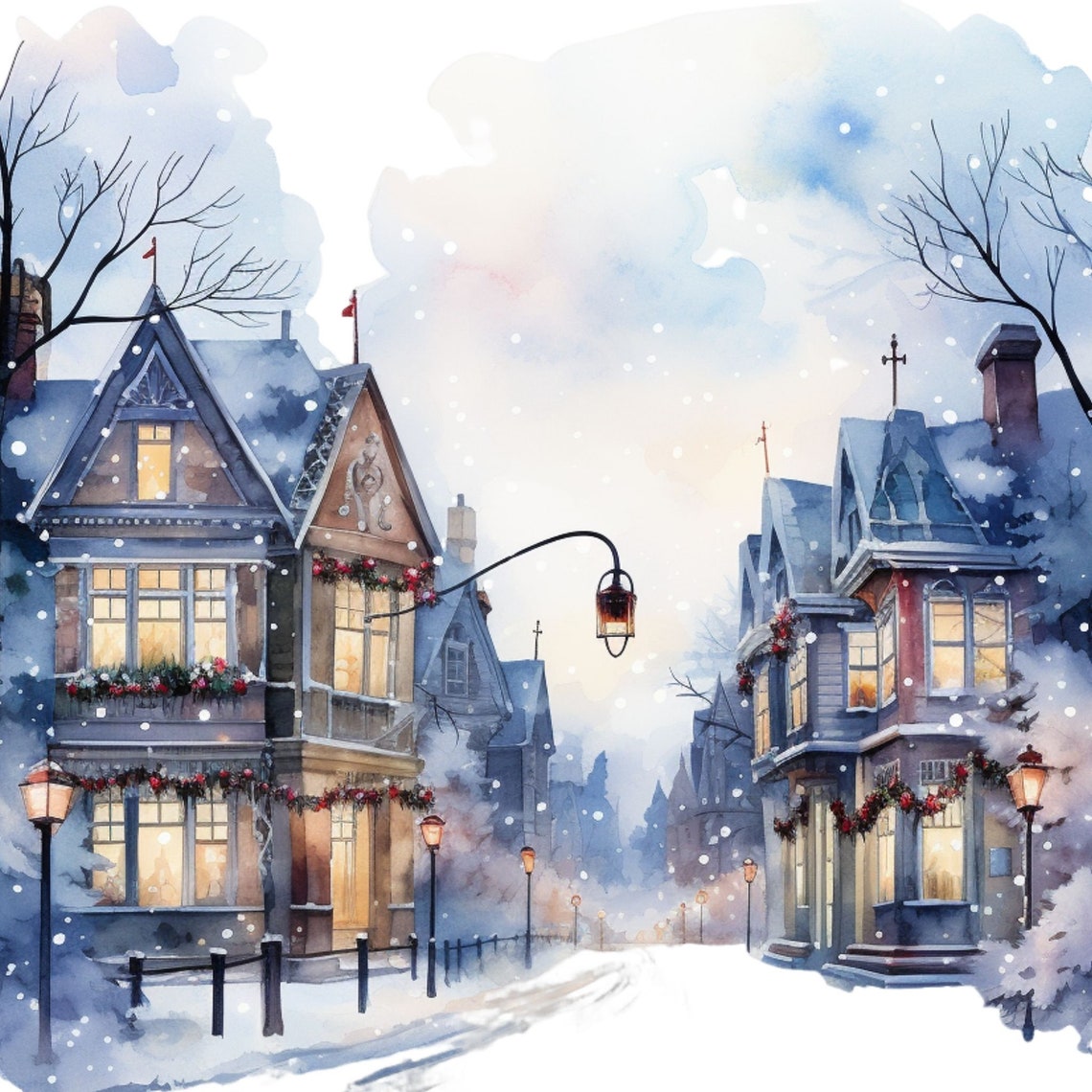 Watercolor 12 Winter Scene City Holiday Winter Festive Living Clipart ...