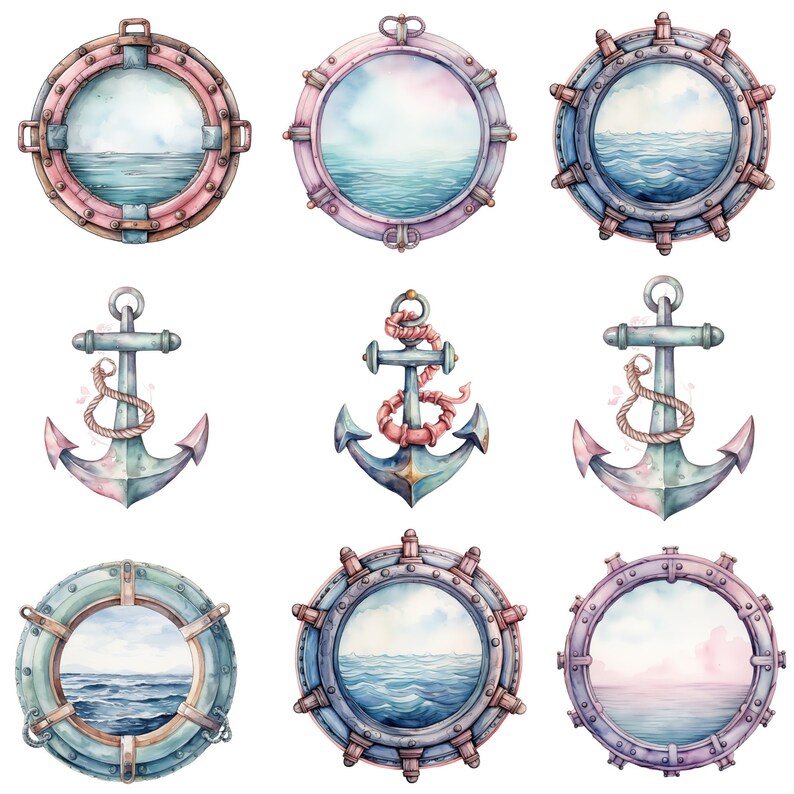 Vintage Nauticals Watercolor Clipart Whimsical Ocean Sea Life, Sailboat ...
