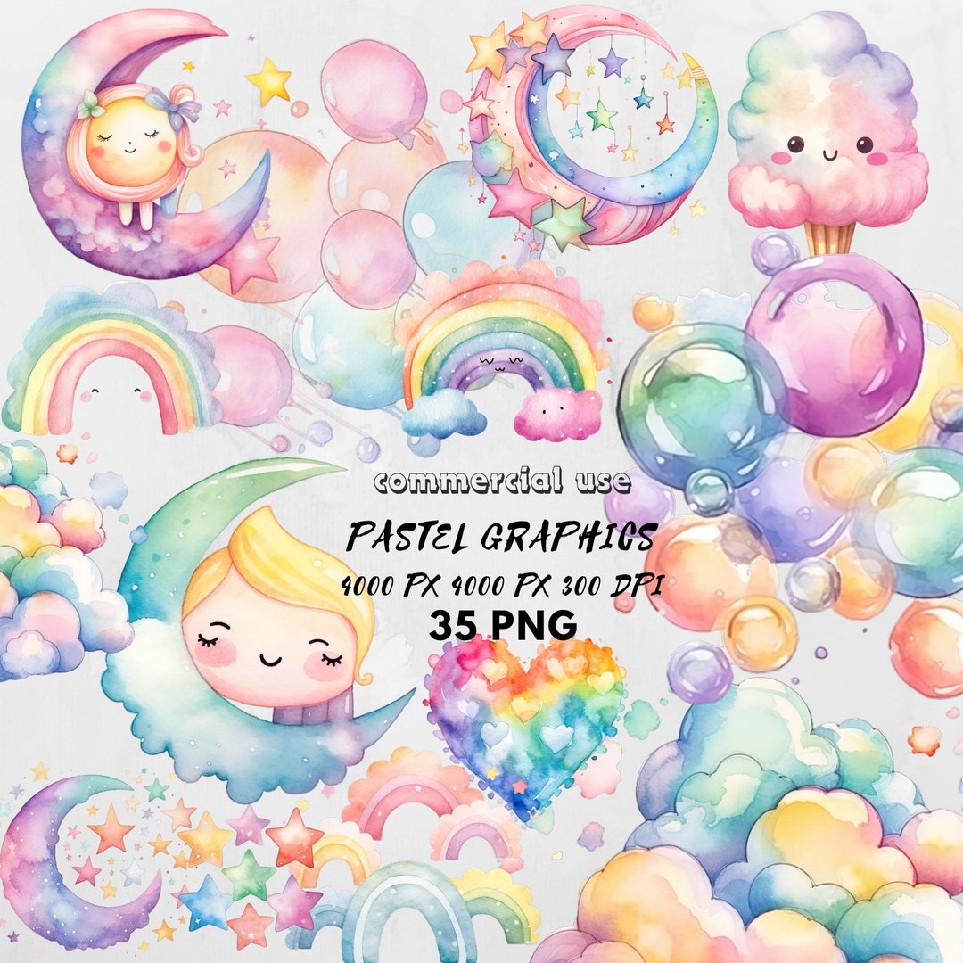 Watercolor Pastel Rainbow Colored Cute Clipart Moon Cloud Stars Hearts ...