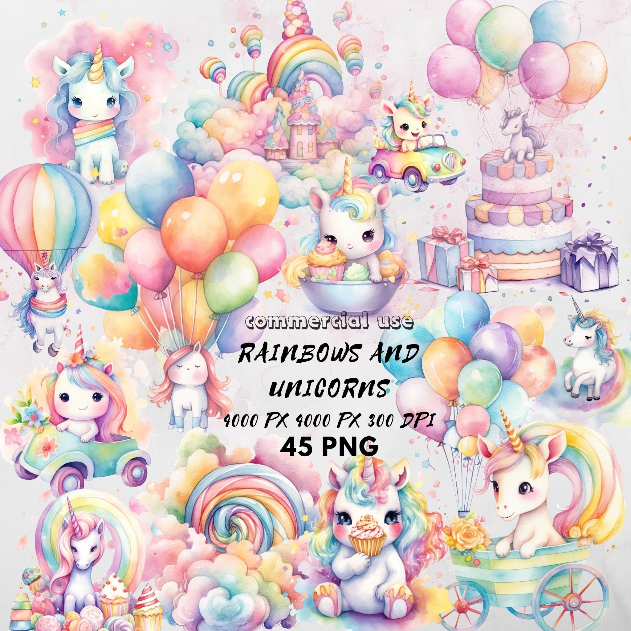 Watercolor Magical Unicorn 45 Clipart Bundle Cute Kawaii Unicorn Clip ...