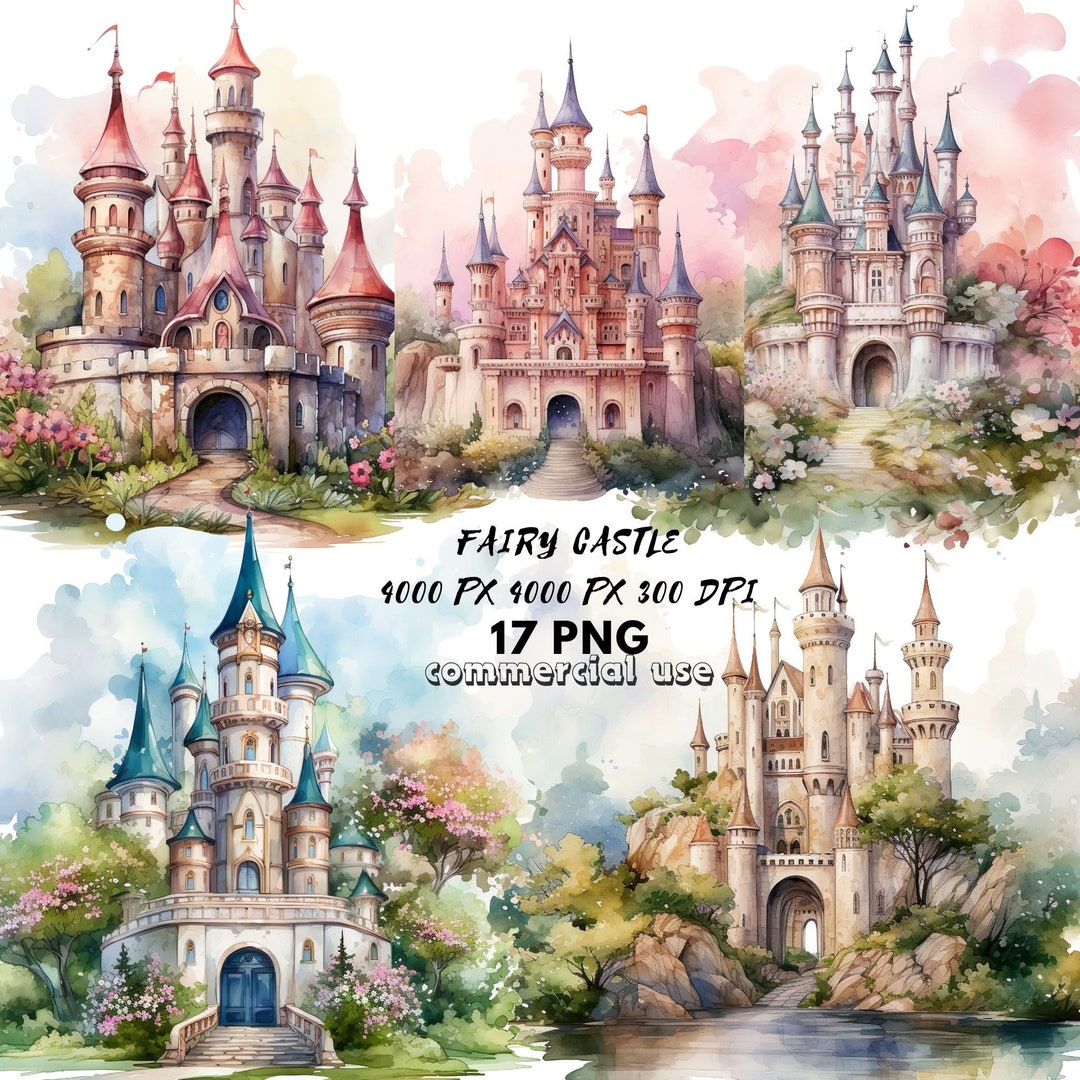 Castle PNG Bundle Fairy Pink Princess & Magic Watercolor Castle Clipart ...