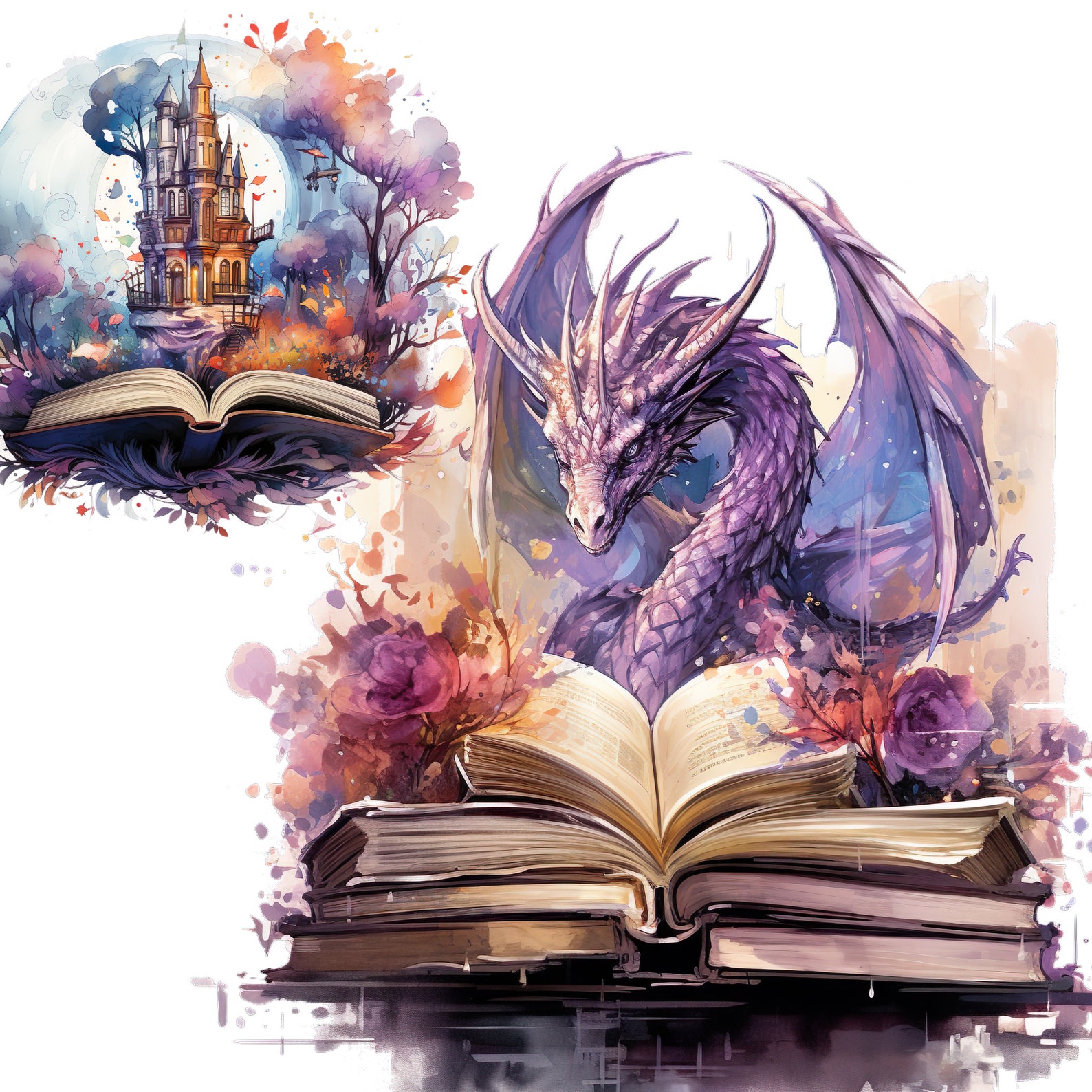 Booklover Fantasy World 13 Clipart Watercolor PNG Bookworm Life Books ...