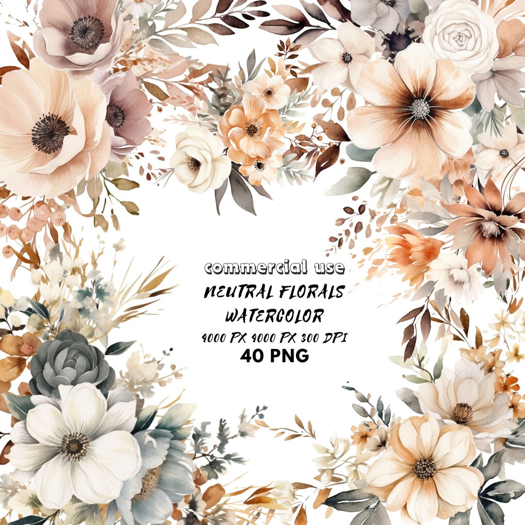 Neutral Florals Watercolor PNG Flowering Boho Soft Neutral Flowers ...