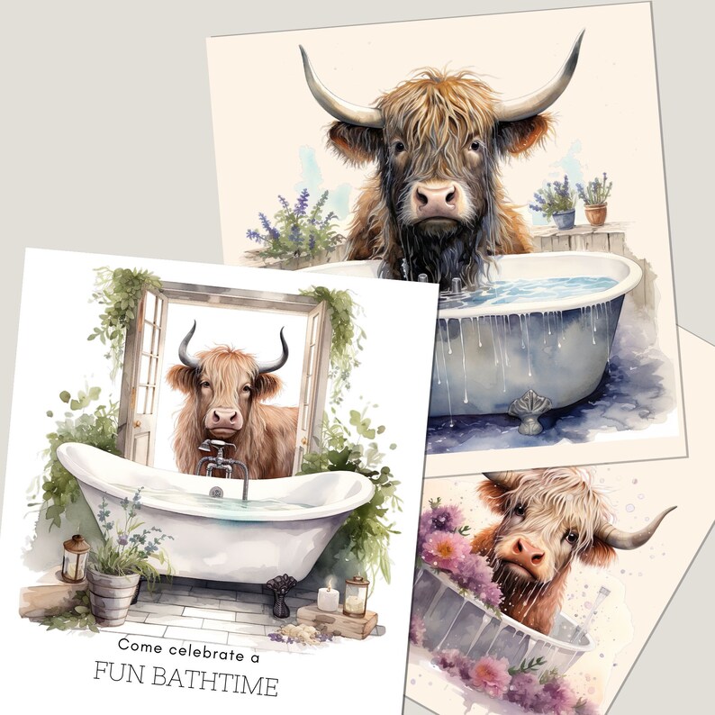 Highland Cow Bathtub Clipart Cute Cow Bathtub PNG Bundle Watercolor ...