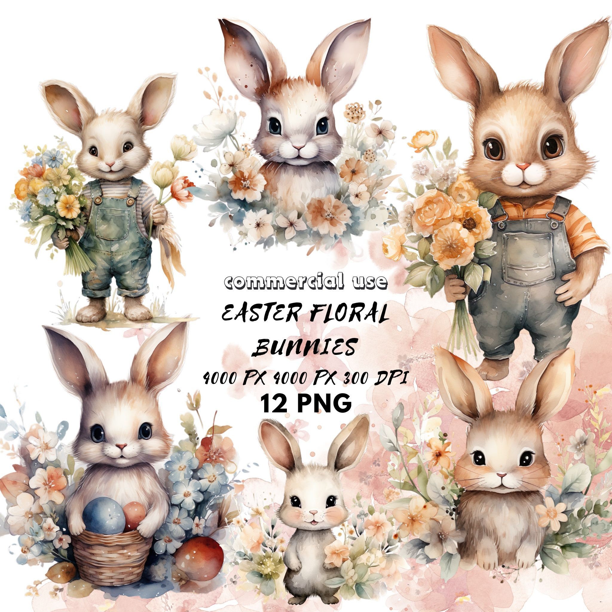 Cute Easter Bunny Clipart Bundle Floral Spring Holiday Easter Egg Hare ...