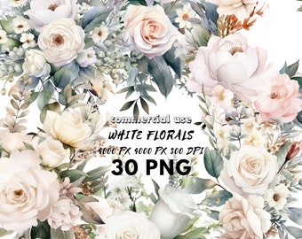 Watercolor White Flower Clipart. Creamy Ivory Alabaster Rose PNG ...