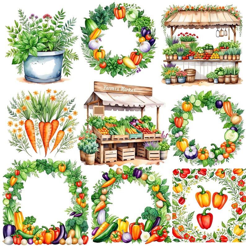 Farmers Market Clipart, Watercolor PNG, Digital Download for Crafting ...