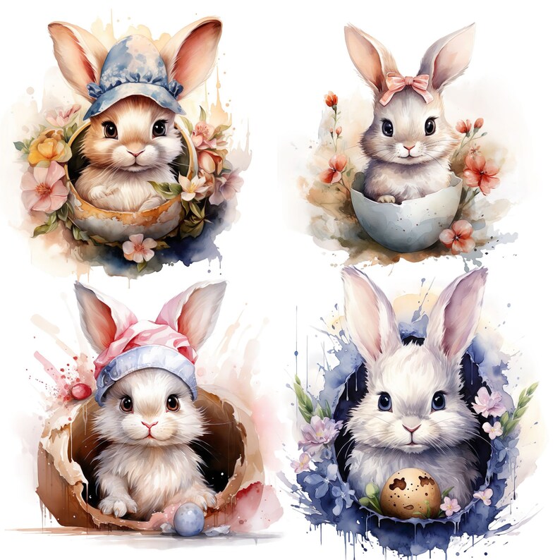 Cute Easter Bunny Clipart Floral Spring Holiday Easter Egg Hare Rabbit PNG Bundle Watercolor ...