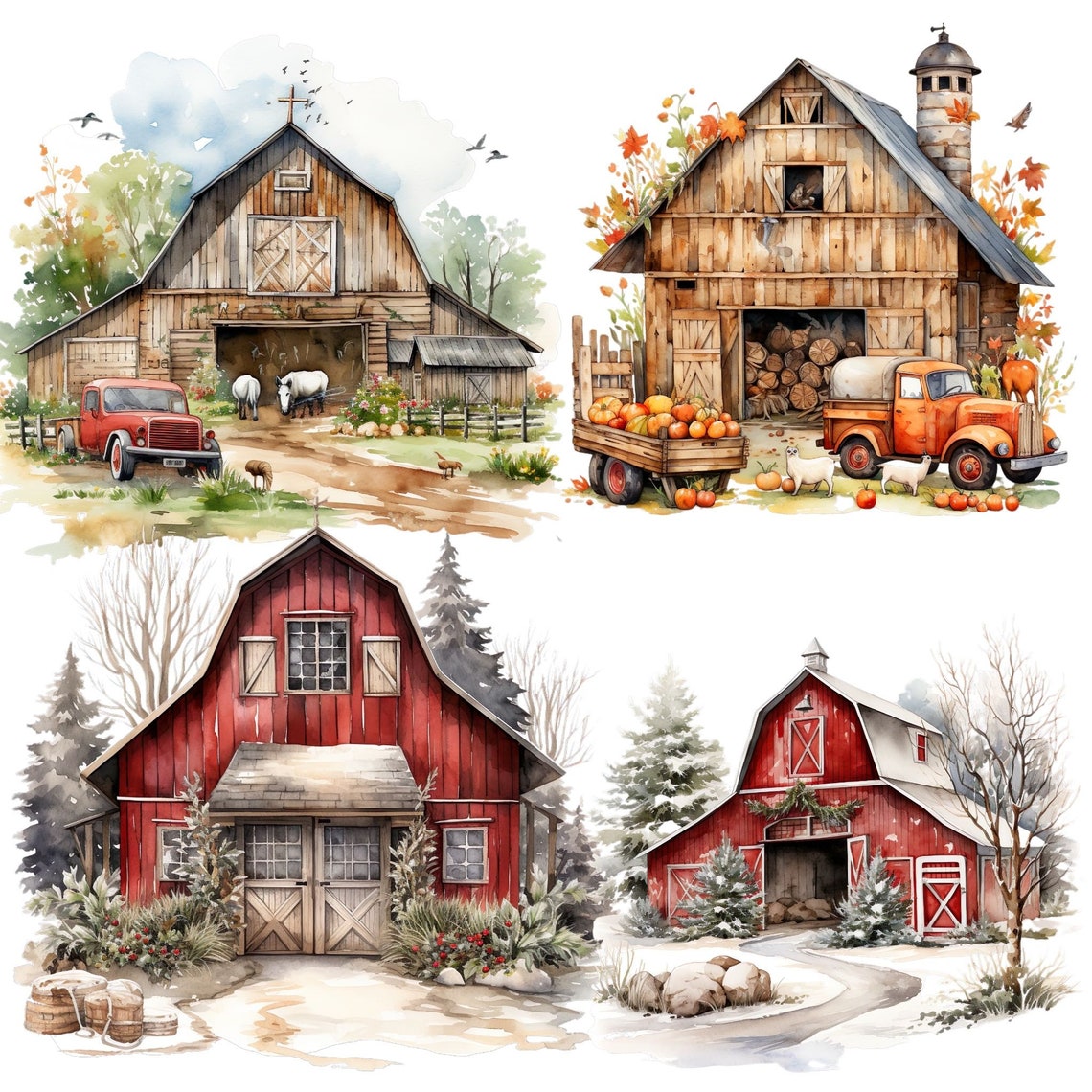 Barn Farm Clipart Bundle Farm Life Animals Truck PNG Watercolor ...