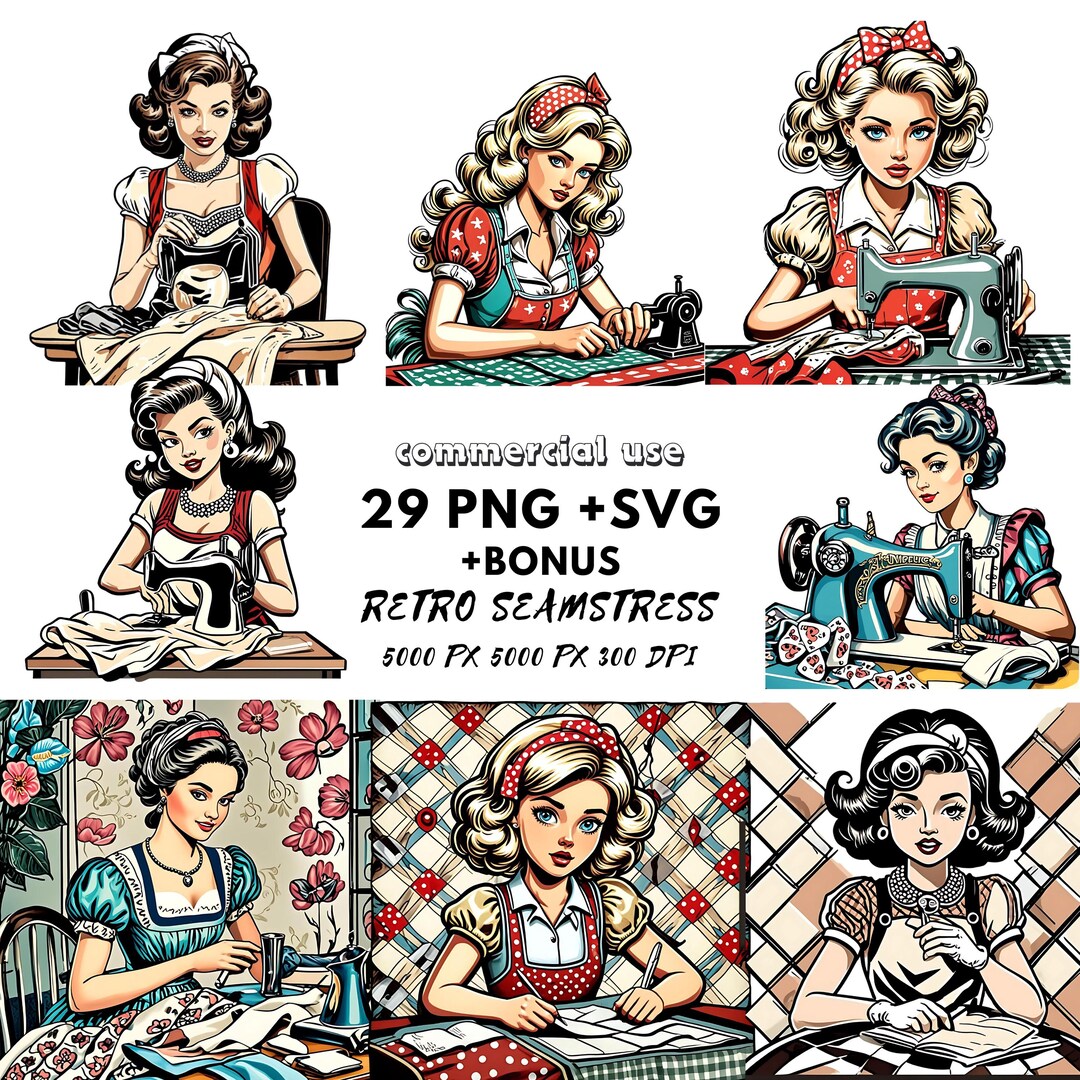 Retro Seamstress Clipart: Vintage Sewing Girl PNG SVG (digital Download ...