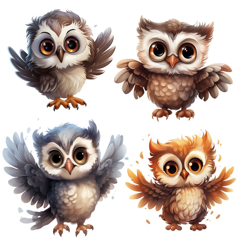 Animated Cartoon Cuteness Owl Clipart Kawaii Brown and White Owls in Digital Sticker Style Cute ...
