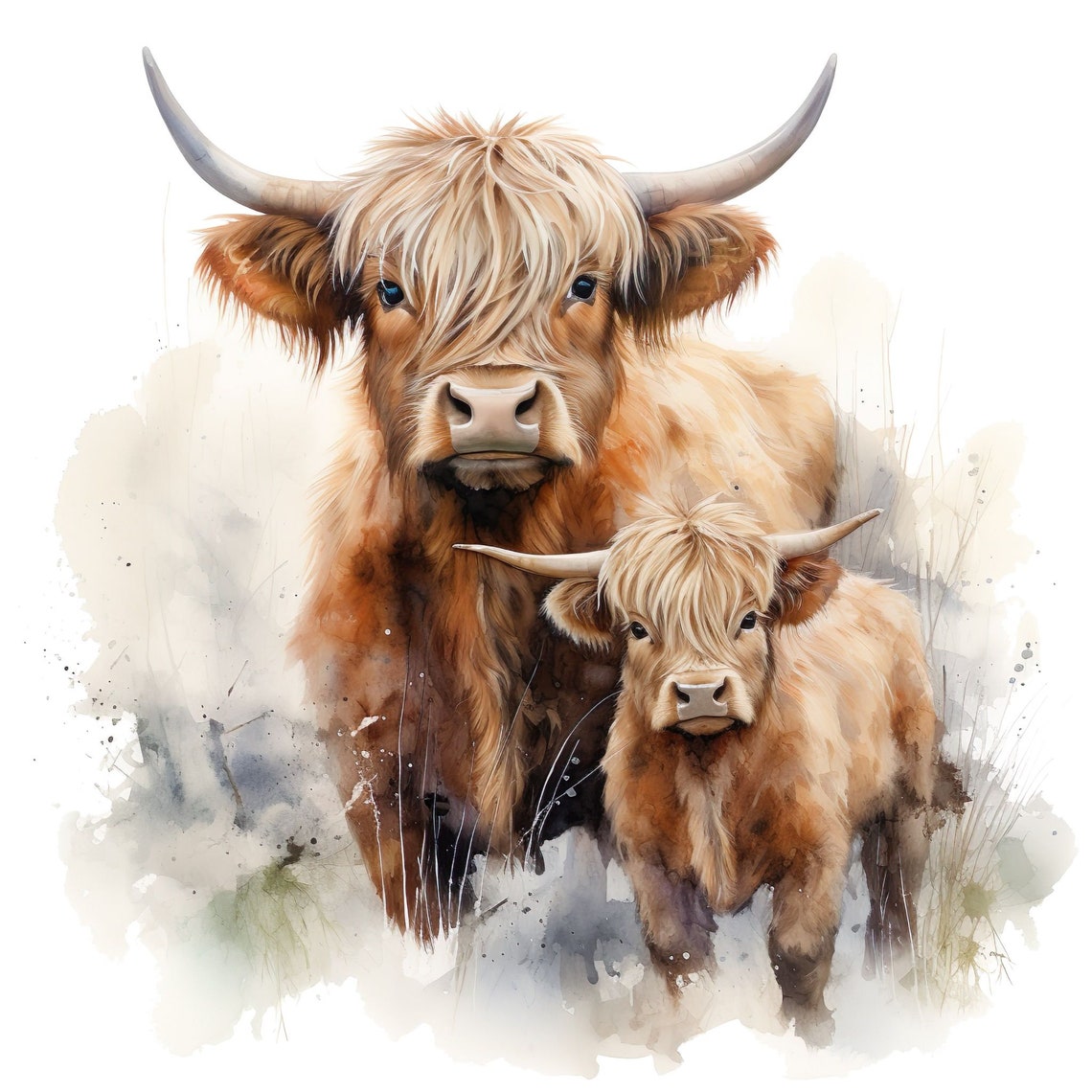 Highland Cow Family Clipart Buffalo PNG Bundle Watercolor Cute Scottish ...