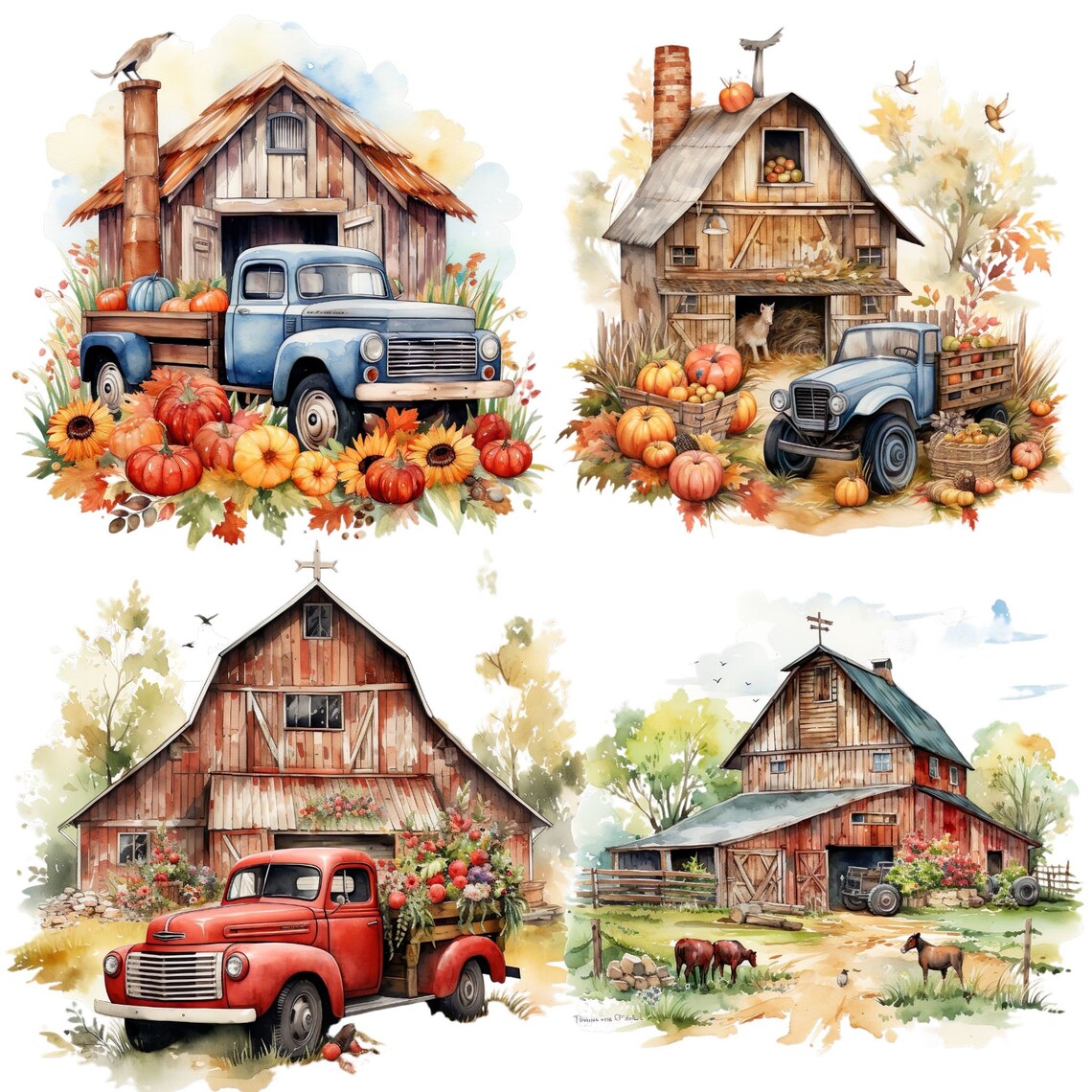 Barn Farm Clipart Bundle Farm Life Animals Truck PNG Watercolor ...