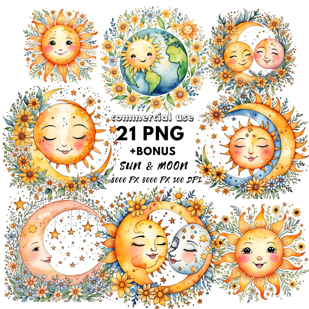 Stars and Moon Png | Printable Sublimation Design | Watercolor Space ...