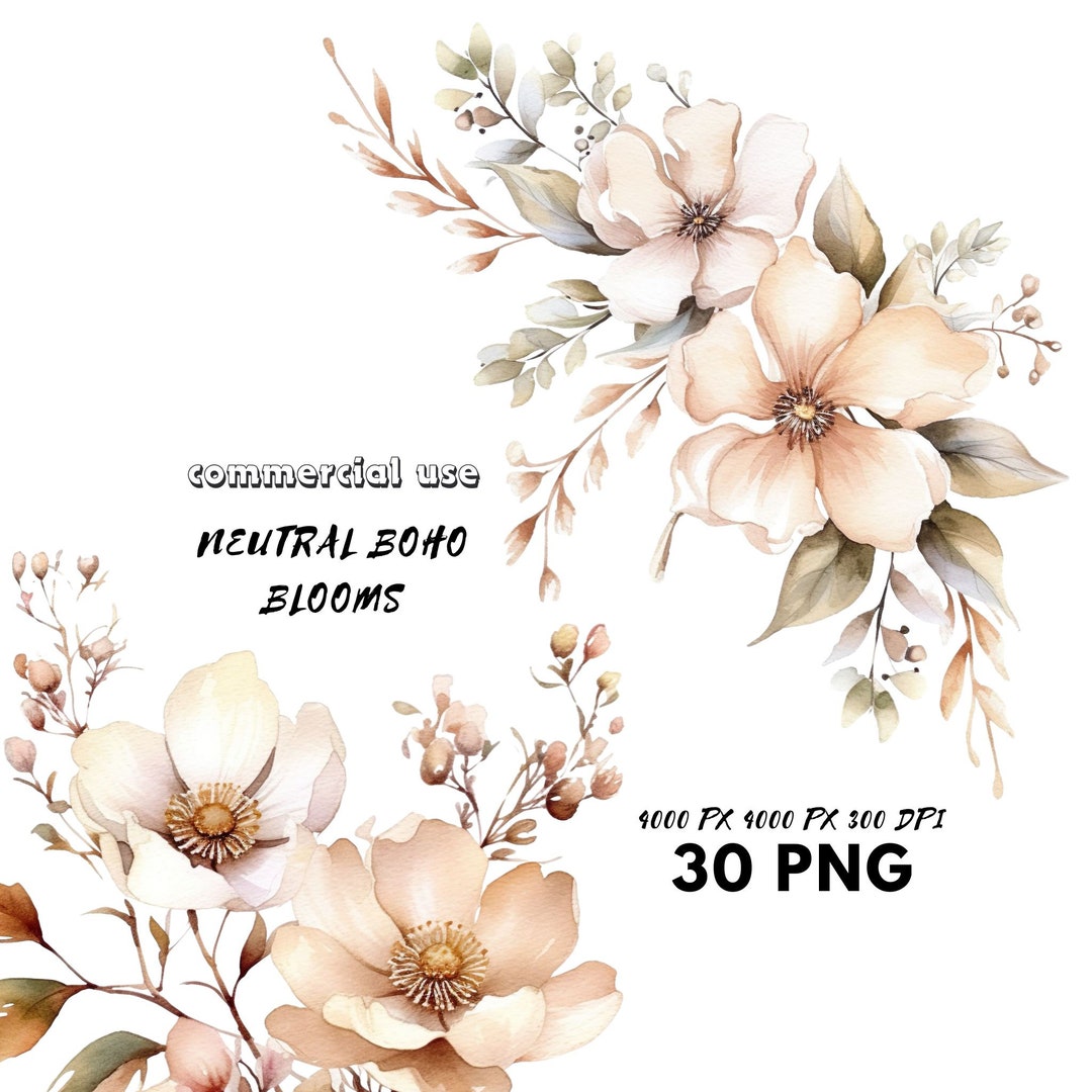 Neutral Floral Art Boho Watercolor PNG Flowering Boho Soft Neutral ...