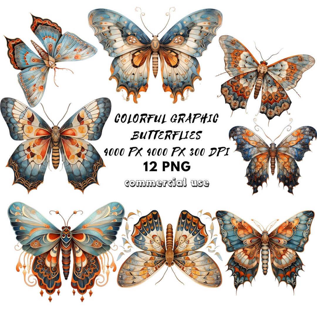 Colorful Butterfly & Moth Clipart SET Graphic Blue Orange Winged Insect ...