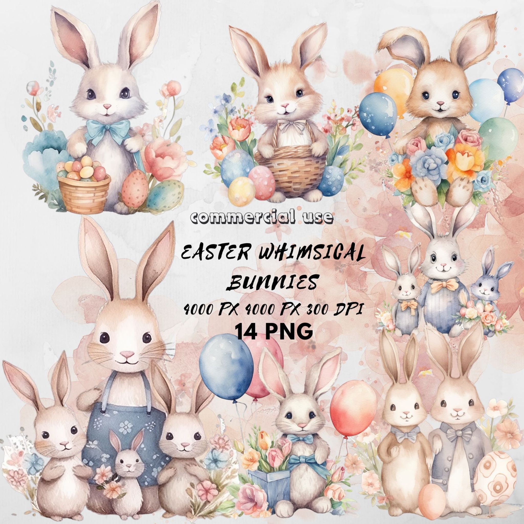 Cute Easter Bunny Clipart Bundle Floral Spring Holiday Easter Egg Hare ...