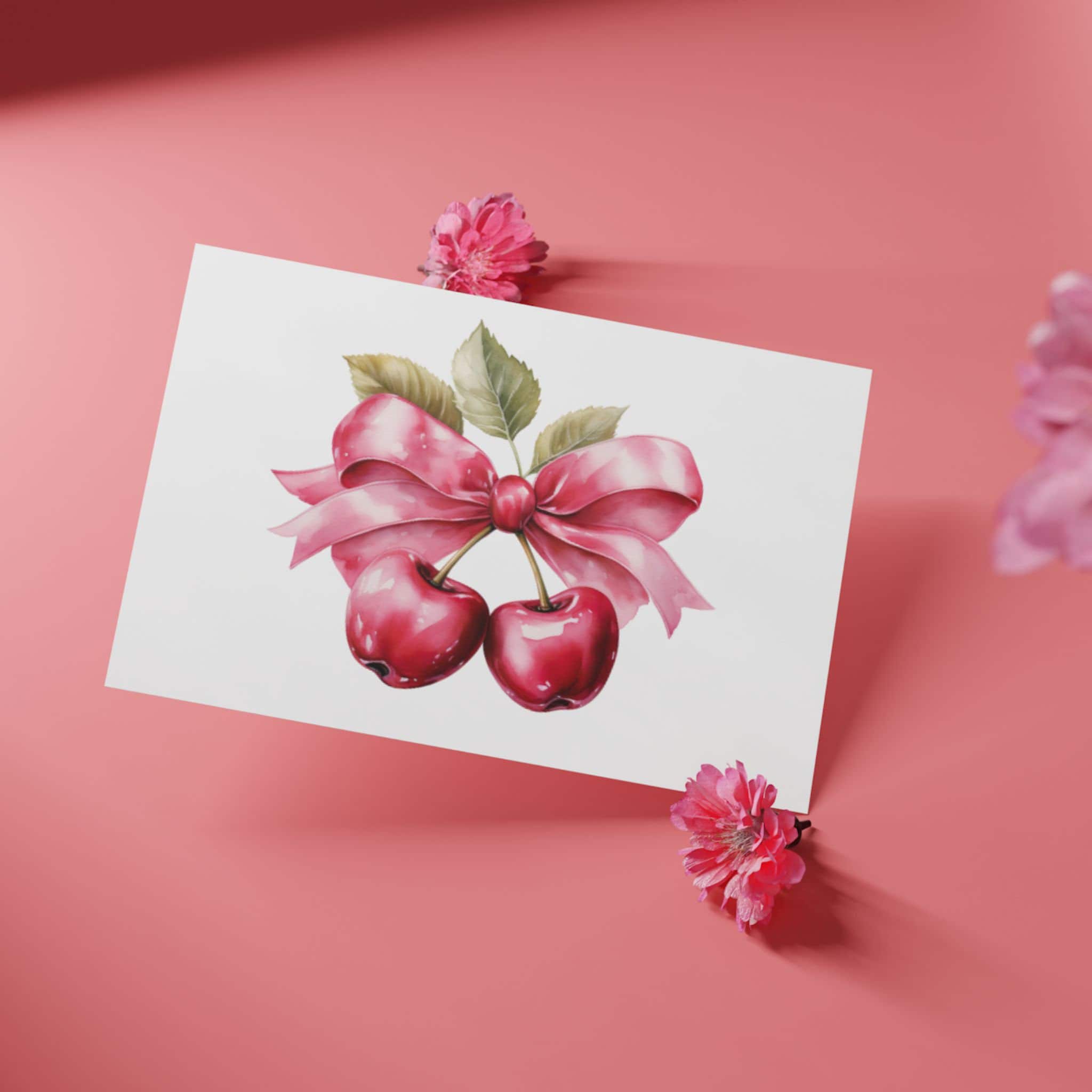 Preppy Cherry Bow Watercolor Clipart Girly Cherry Ribbon Png Pink Bow ...