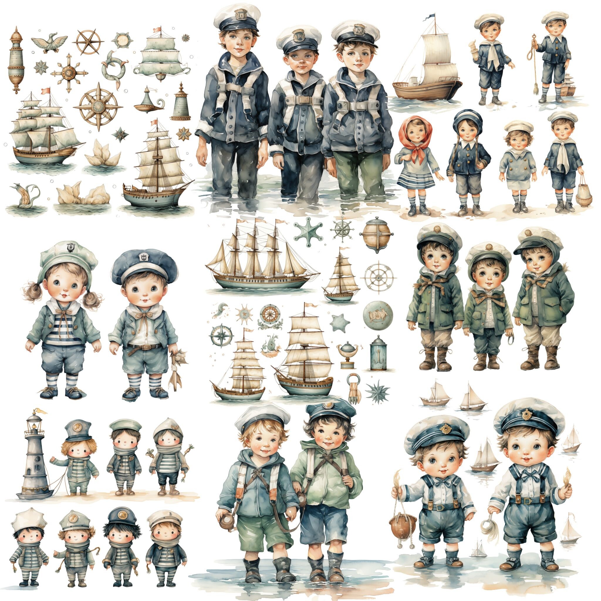 Vintage Nauticals Watercolor Clipart Whimsical Ocean Sea Life, Sailboat ...