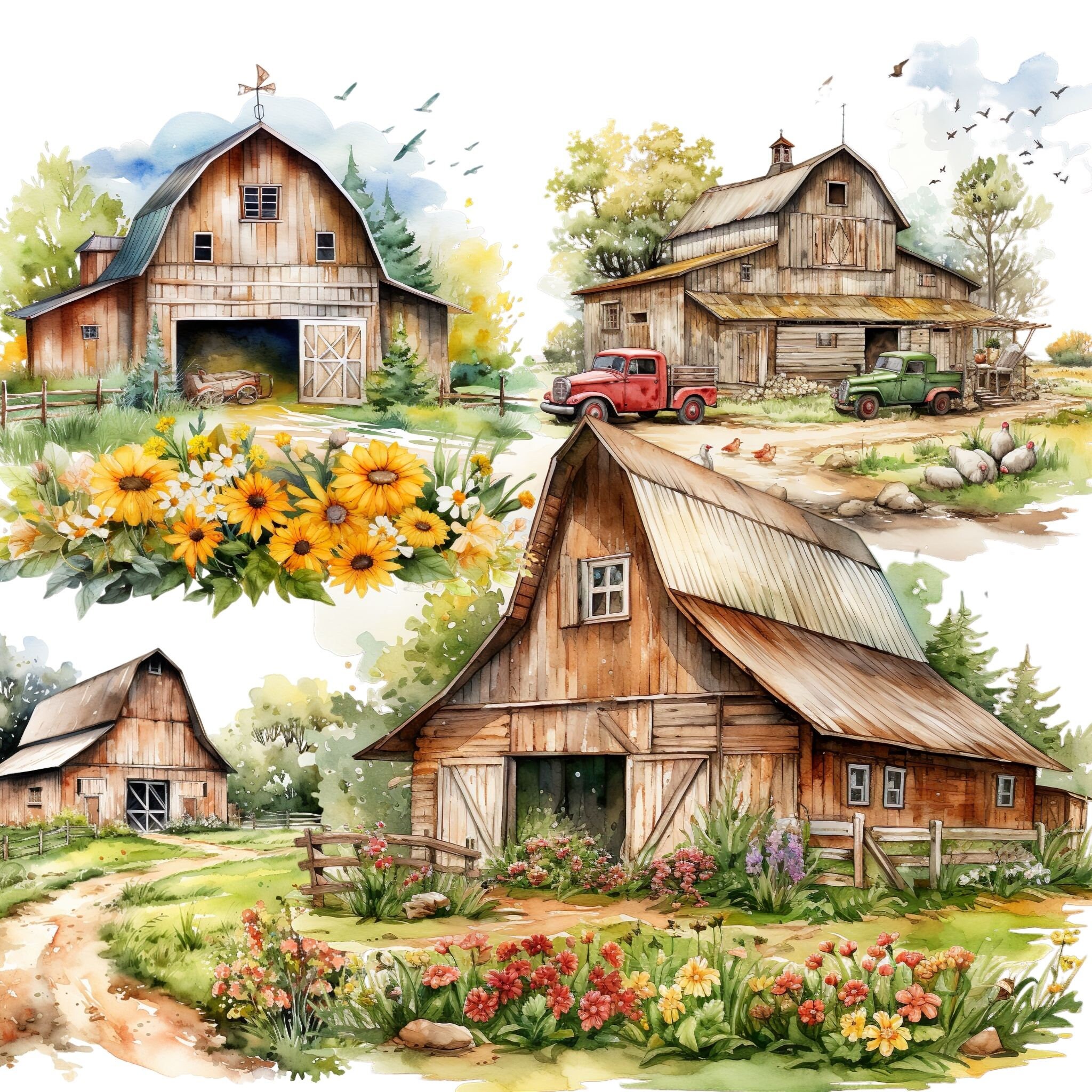 Barn Farm Clipart Bundle Farm Life Animals Truck PNG Watercolor ...
