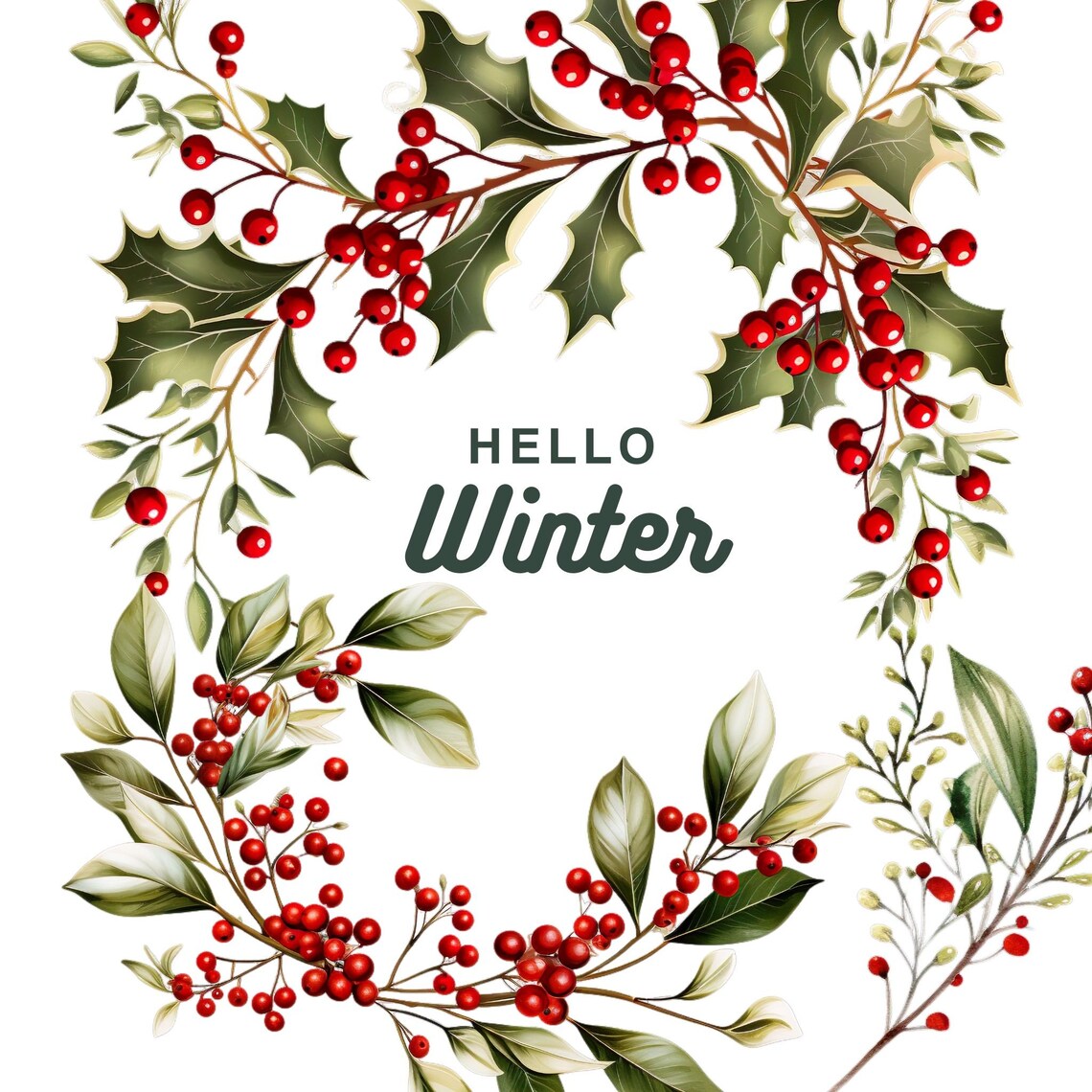 Christmas Wreath Festive Clipart Watercolor Winter Foliage Red Berry ...