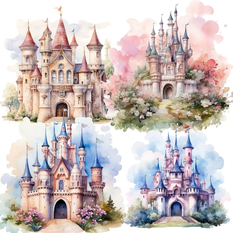Castle PNG Bundle Fairy Pink Princess & Magic Watercolor Castle Clipart ...