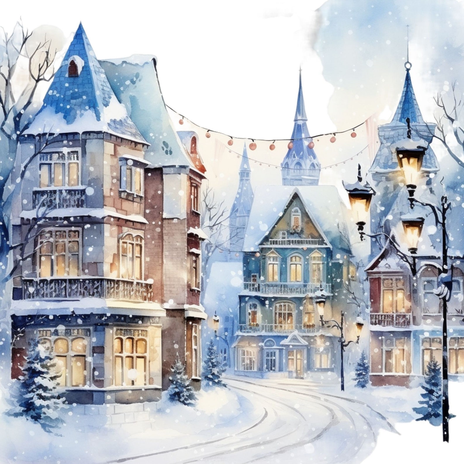 Watercolor 12 Winter Scene City Holiday Winter Festive Living Clipart ...