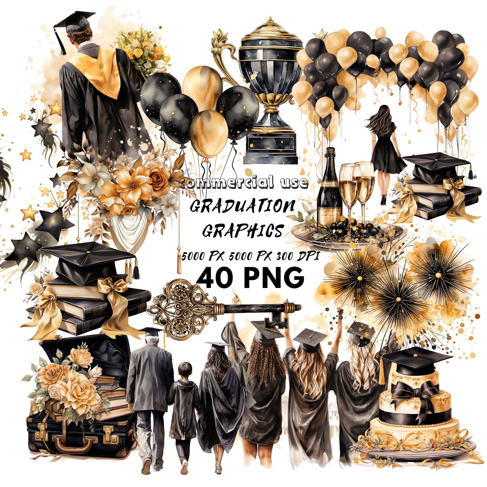 Grad Cap Clipart, Class of 2024 Senior High School, Black and Gold ...