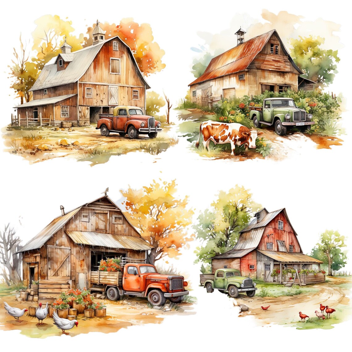 Barn Farm Clipart Bundle Farm Life Animals Truck PNG Watercolor ...