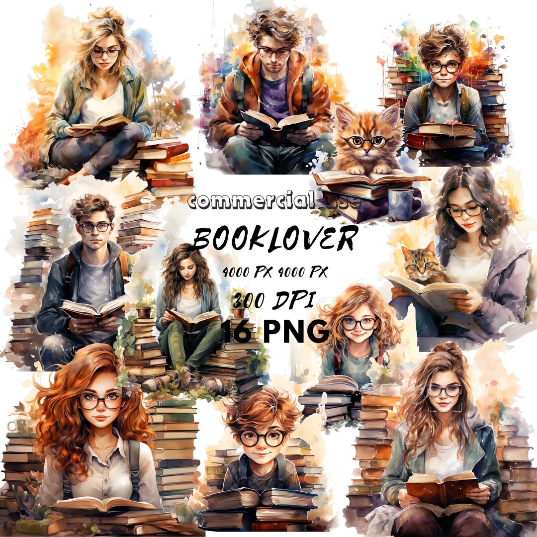 Booklover Clipart Cozy Reading Watercolor PNG Bookworm Books and ...