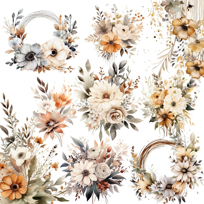Neutral Flowers Watercolor PNG Flowering Boho Soft Neutral Flowers ...