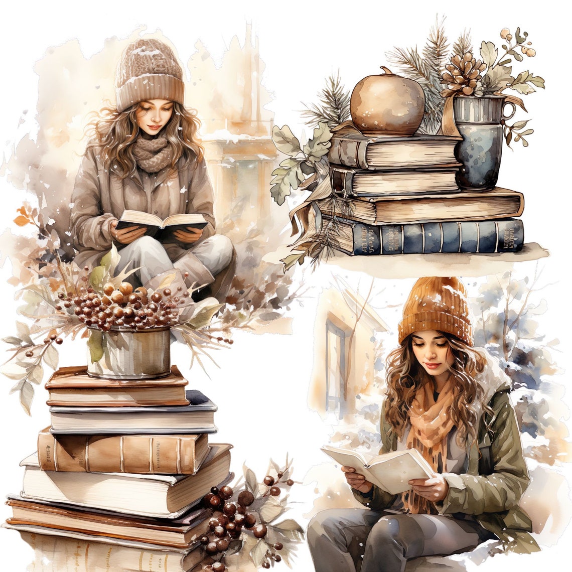 Booklover Clipart Bundle 17 Watercolor PNG Winter Cozy Bookworm Life ...