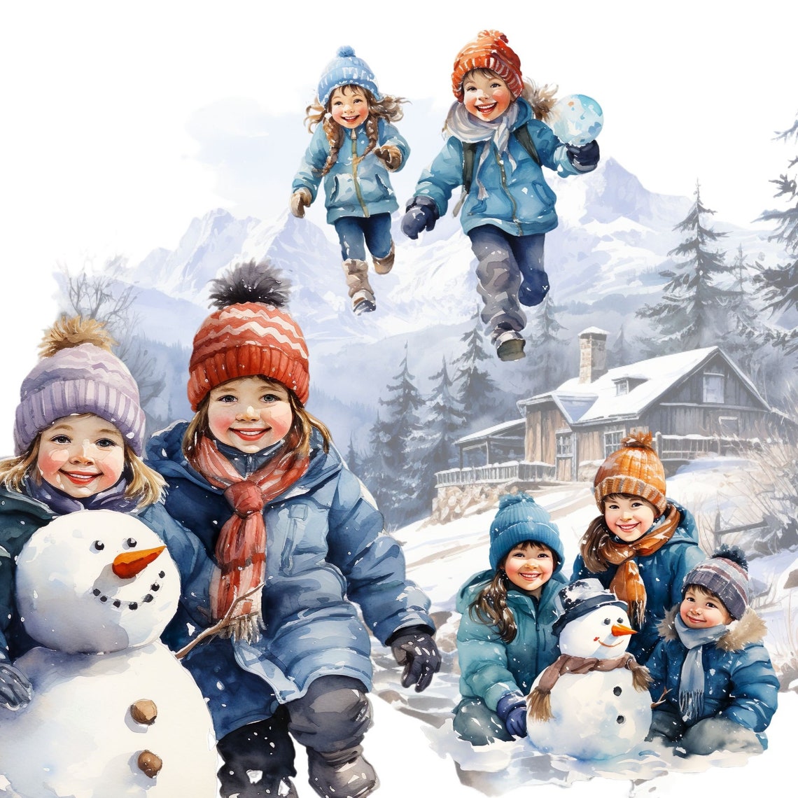 Children and Forest Animals Snow Watercolor in a Winter Scene Kids ...