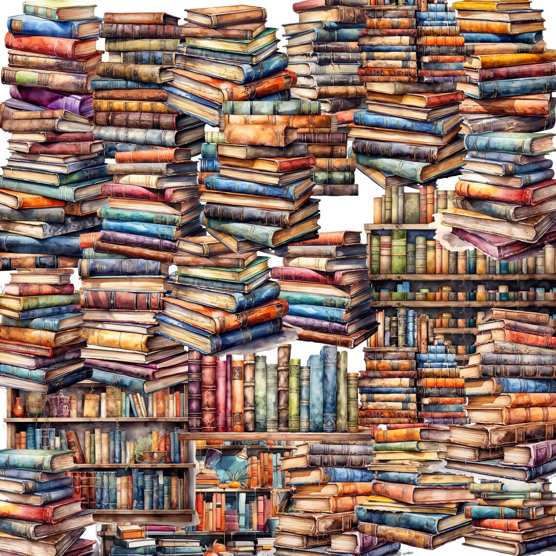 90 Books Clipart Bundle Watercolor Stack of Books Bookshelf Library ...
